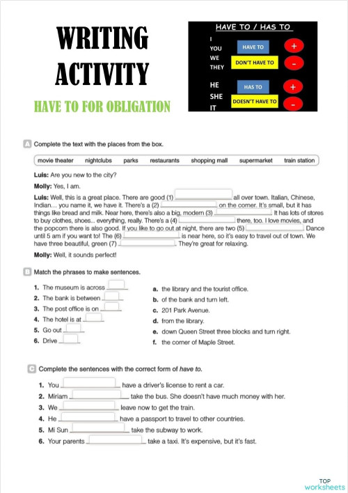 WRITING ACTIVITY - HAVE TO FOR OBLIGATION. Ficha interactiva ...