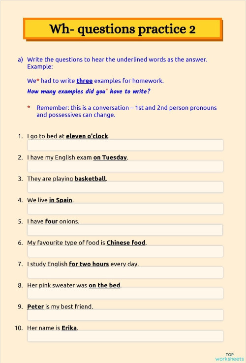 Wh- questions: interactive worksheets and online exercises | TopWorksheets