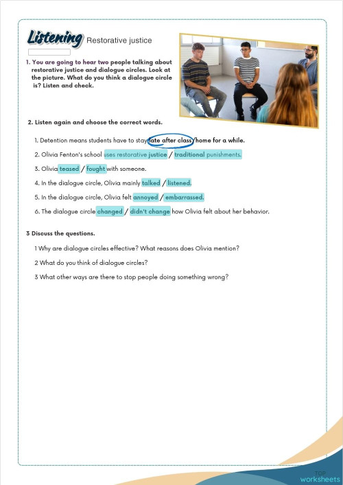 II.6 LISTENING: Restorative justice. Interactive worksheet | TopWorksheets