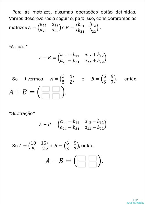 Matrizes: fichas interativas e exercícios online | TopWorksheets