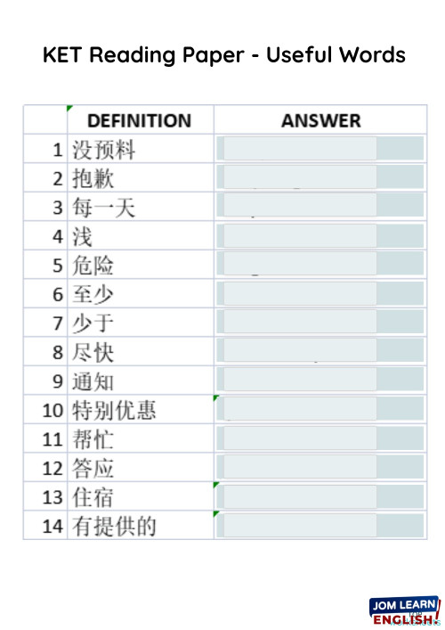 KET - Reading Part - Useful Words. Interactive worksheet | TopWorksheets