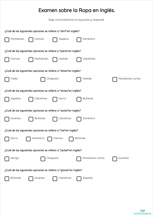 Examen sobre la Ropa en Inglés.. Interactive worksheet | TopWorksheets