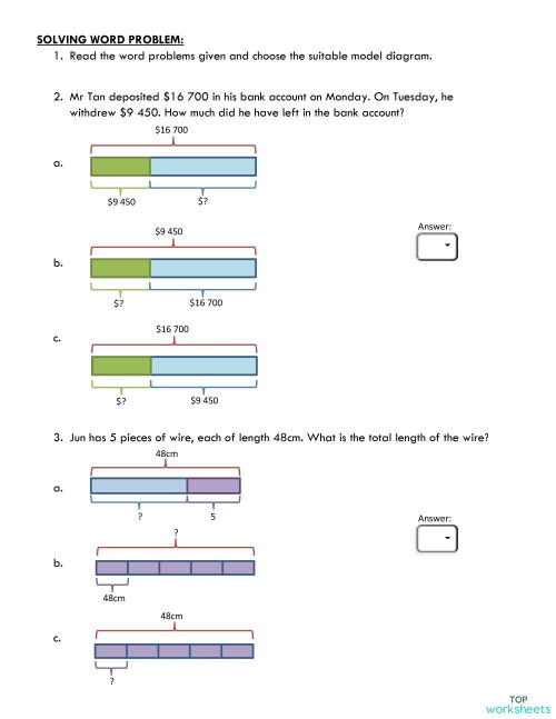 Word problem (model diagram). Interactive worksheet | TopWorksheets