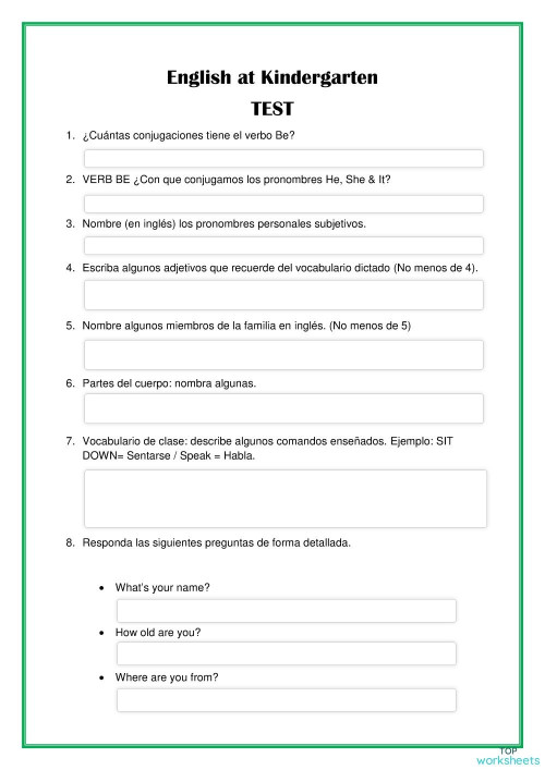ENGLISH AT KINDERGARTEN - TEST. Ficha interactiva | TopWorksheets