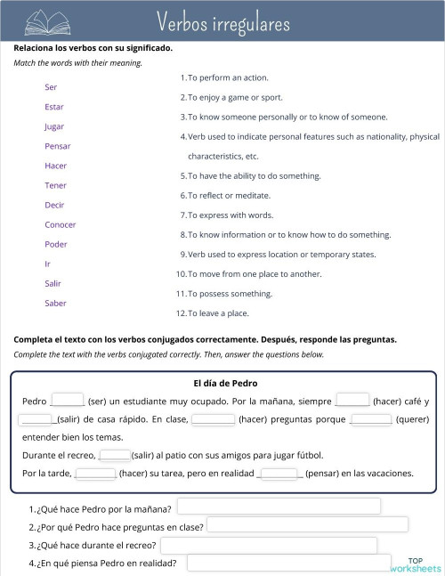 Verbos irregulares en español. Ficha interactiva | TopWorksheets