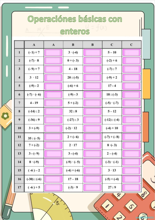Operaciones básicas con enteros 1. Ficha interactiva | TopWorksheets