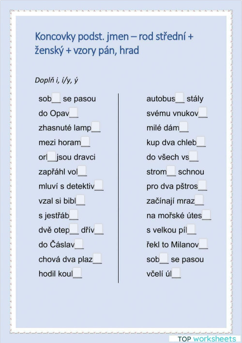 Čeština: interaktivní pracovní listy a online cvičení | TopWorksheets