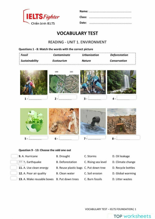 Reading 1 - Environment. Interactive worksheet | TopWorksheets