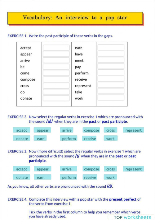 Vocabulary - An interview to a pop star. Interactive worksheet ...