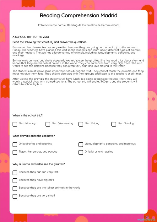 Reading Comprehension Madrid. Interactive worksheet | TopWorksheets