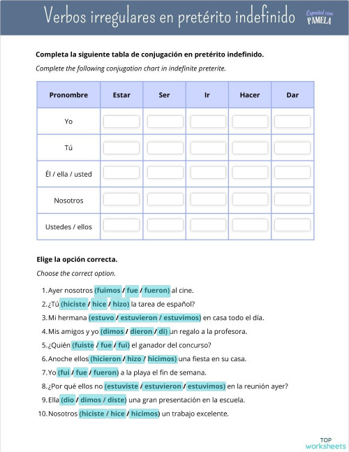 Verbos indicativo. Ficha interactiva | TopWorksheets