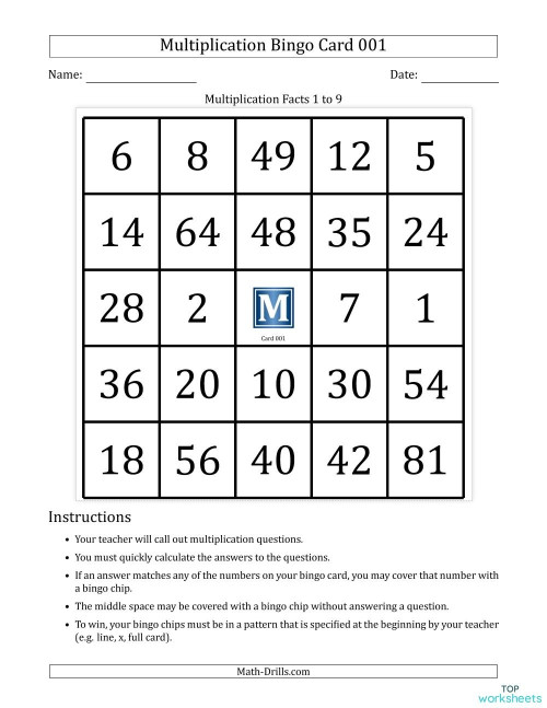 Multiplication Bingo. Interactive worksheet | TopWorksheets