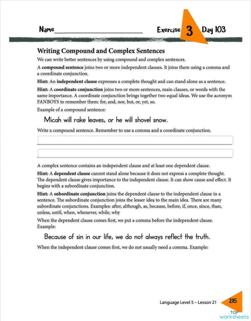 Lesson 21: Pg 215-216 Ex 3 Writing Compound and Complex Sentences ...
