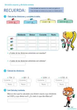 División exacta y división entera. Ficha interactiva | TopWorksheets