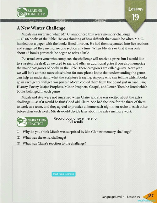 Lesson 19: Reading Together Pg 187. Interactive worksheet | TopWorksheets