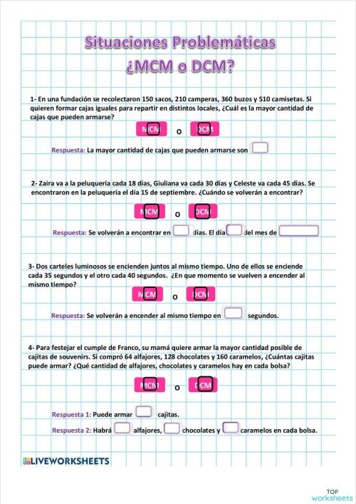 M.C.D. y m.c.m.. Ficha interactiva | TopWorksheets