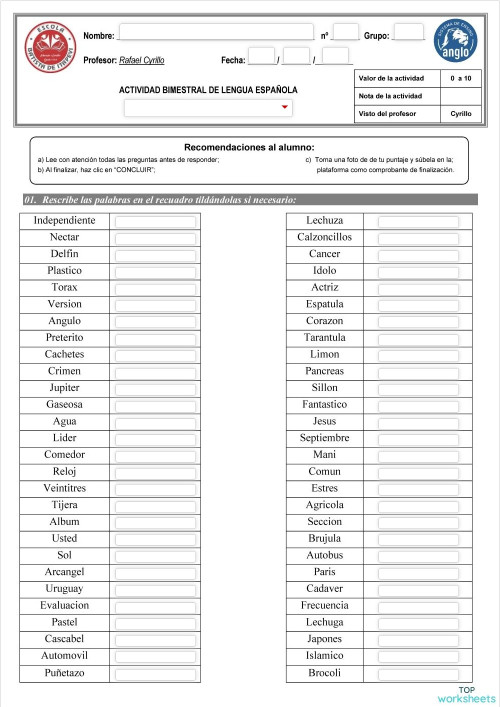 Reglas de acentuación. Ficha interactiva | TopWorksheets