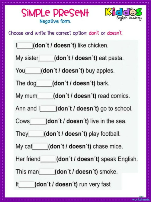 Simple Present - Negative form #4. Interactive worksheet | TopWorksheets