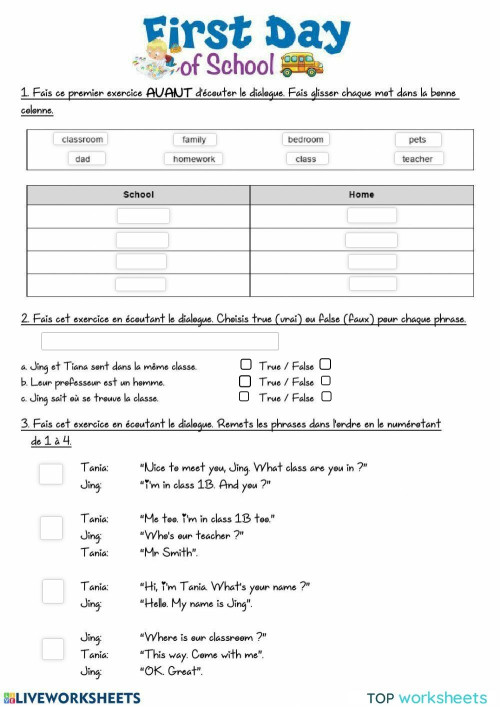 First day of school. Interactive worksheet | TopWorksheets