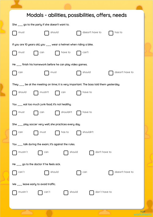 Modals - abilities, possibilities, offers, needs. Interactive worksheet ...