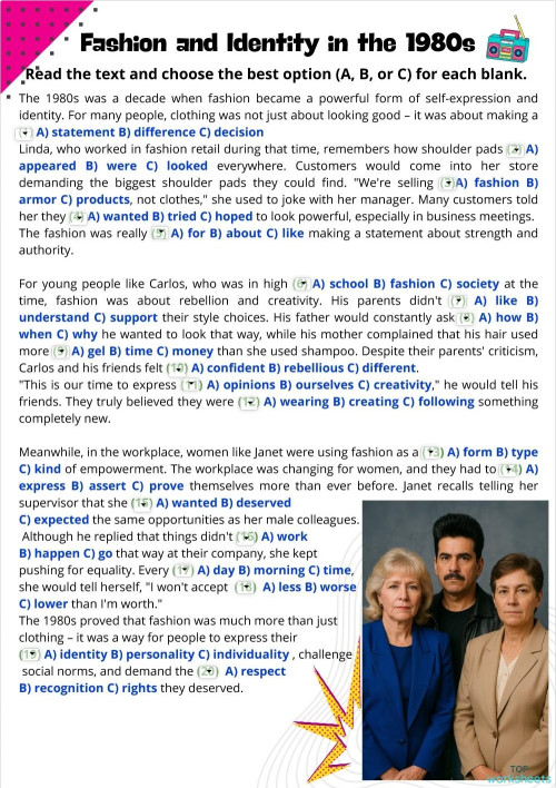 Fashion and identity in the 1980s.. Interactive worksheet | TopWorksheets