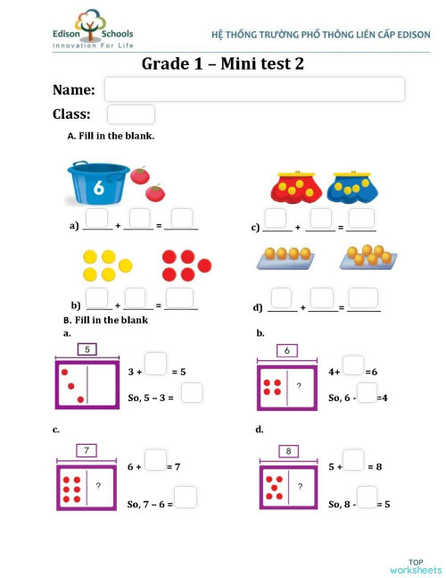 Grade 1 - Mini test 2. Interactive worksheet | TopWorksheets