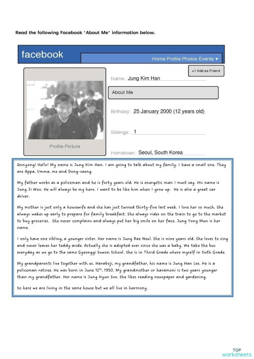 EngY6W12T1 - Korean Family Information. Interactive worksheet ...