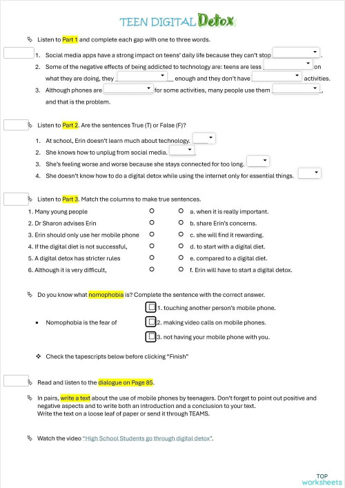 Teen Digital Detox. Interactive worksheet | TopWorksheets