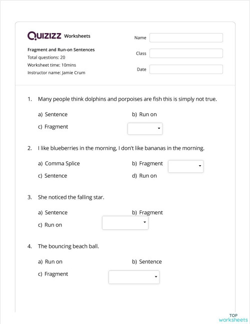 Fragment, Run on, Sentence Graded. Interactive worksheet | TopWorksheets