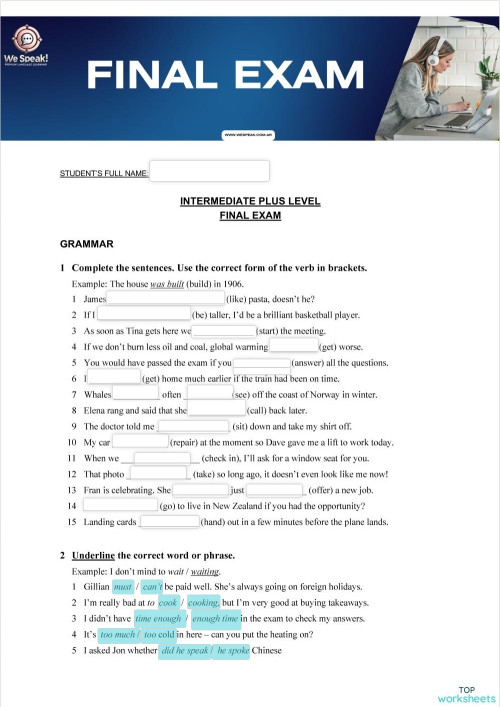 Final exam Intermediate Plus. Interactive worksheet | TopWorksheets