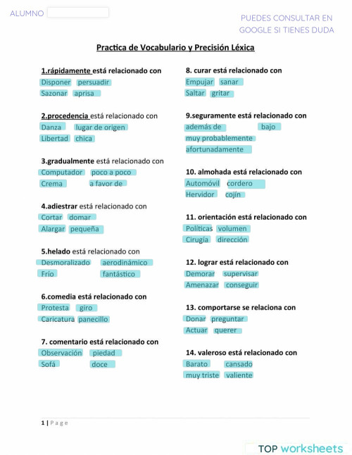 Precisión léxica. Ficha interactiva | TopWorksheets