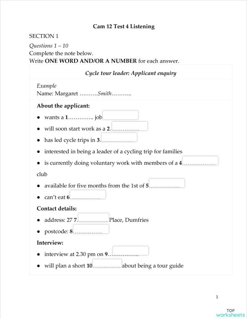 Cam 12_Test 4_Part 1_IELTS Listening practice. Interactive worksheet ...