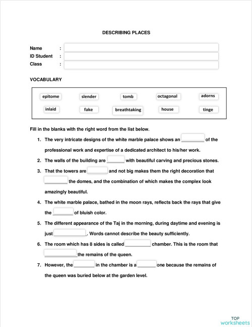 Describing Place Quiz. Interactive worksheet | TopWorksheets