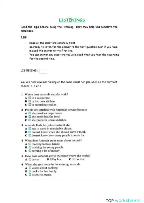 Listening Acivities. Interactive worksheet | TopWorksheets