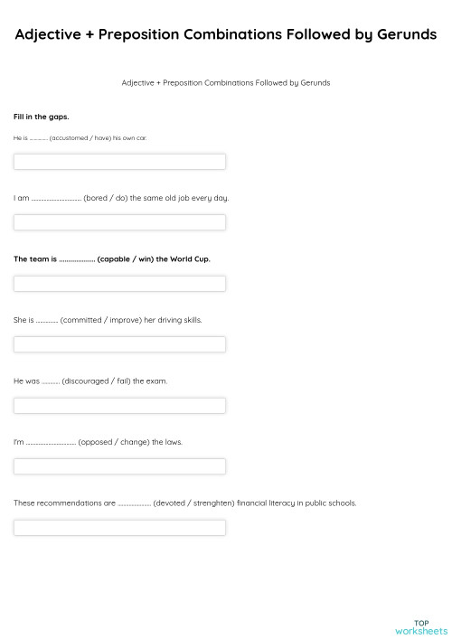Adjective + Preposition Combinations Followed by Gerunds. Interactive ...