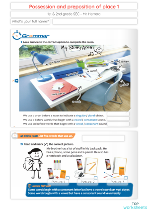 Possession and preposition of place 1. Ficha interactiva | TopWorksheets
