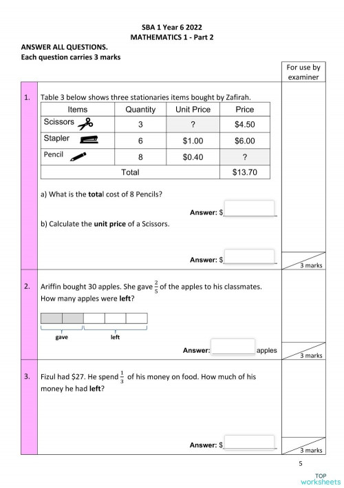 SBA 1 Year 6 Part 2. Interactive worksheet | TopWorksheets