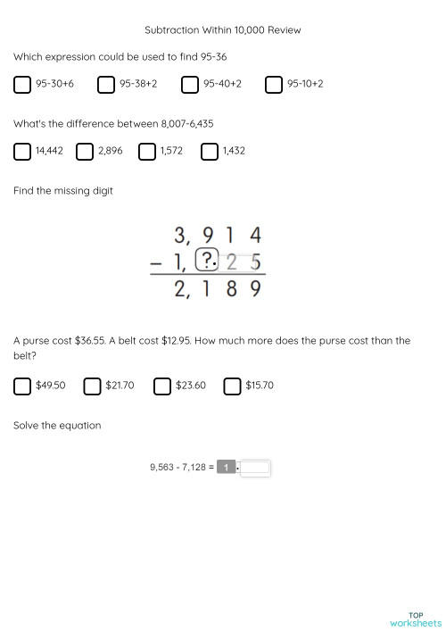 Subtraction Within 10,000 Review. Interactive worksheet | TopWorksheets