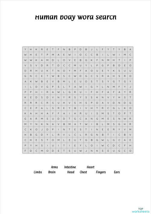 Human body word search. Interactive worksheet | TopWorksheets