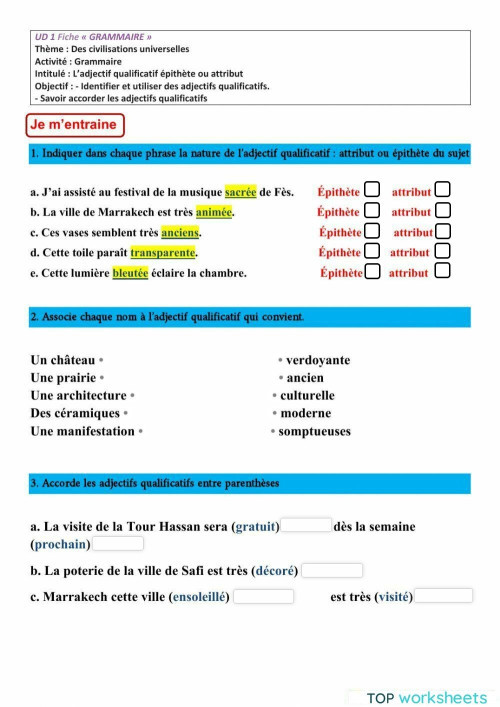 L'adjectif qualificatif attribut ou épithète. Fiche interactive ...