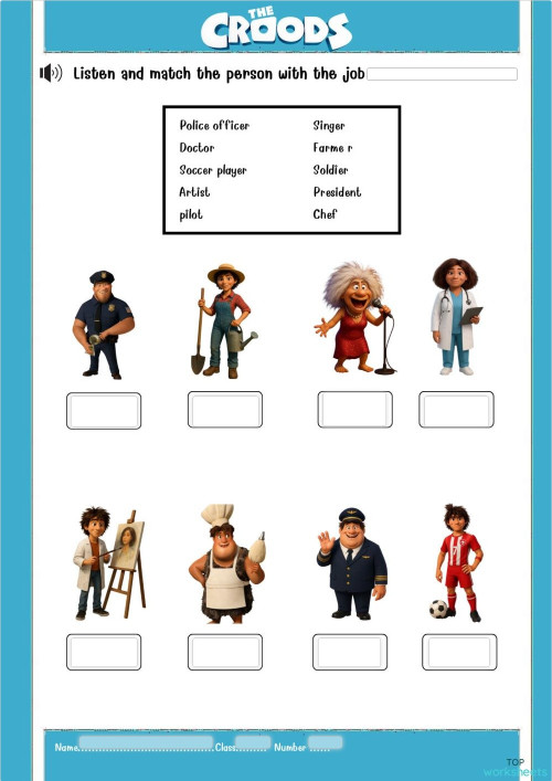 Listen and match the person with the job ใบงานเชิงโต้ตอบ | TopWorksheets