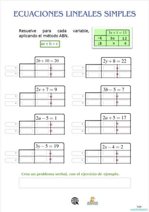 Ecuaciones lineales simples ABN 01. Ficha interactiva | TopWorksheets