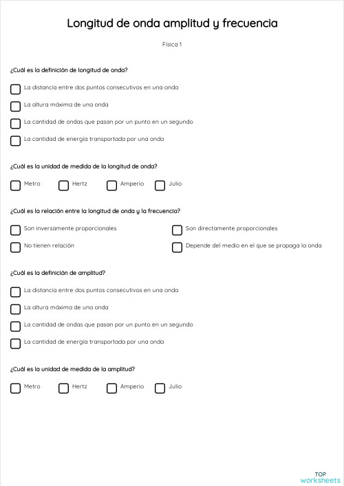 Longitud de onda amplitud y frecuencia. Ficha interactiva | TopWorksheets