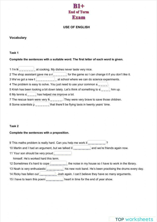 B1+ USE OF ENG- READING March 21. Interactive worksheet | TopWorksheets
