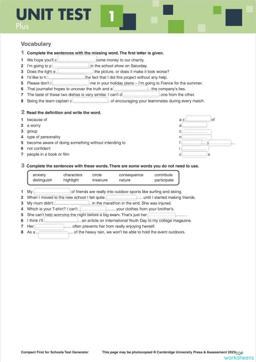 TEST UNIT 1 COMPACT PLUS. Interactive worksheet | TopWorksheets