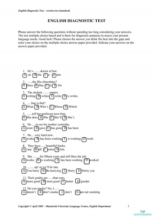 English assesment. Ficha interactiva | TopWorksheets
