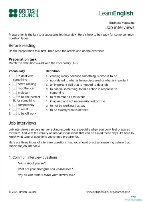 Job interview 3. Interactive worksheet | TopWorksheets