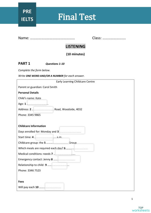 PRE IELTS - FINAL TEST. Interaktivní pracovní list | TopWorksheets