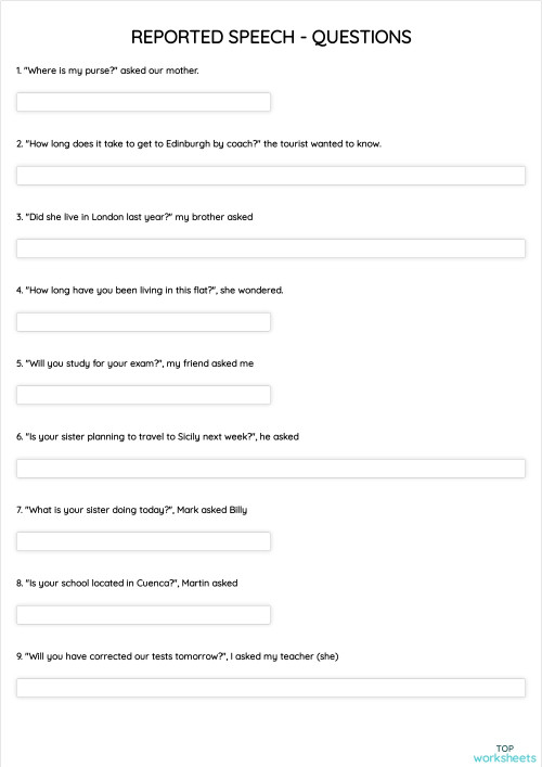 REPORTED SPEECH - QUESTIONS. Ficha interactiva | TopWorksheets