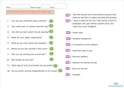 Match the job interview. Interactive worksheet | TopWorksheets